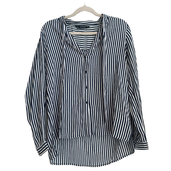 Zara | Tops | Zara Basic Navy And White Nautical Pinstripe Button Up ...